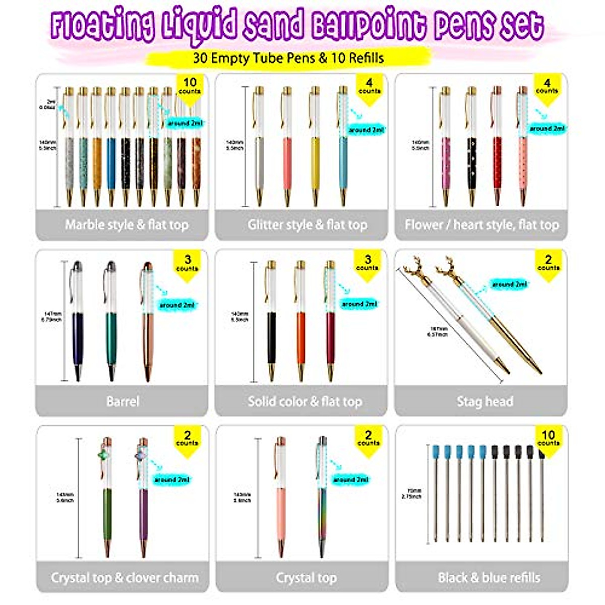 FUNSHOWCASE Floating Liquid Sand Ballpoint Pens Set 40-kit 30 Empty Tube Glitter Pen with 10 Replaced Black and Blue Refills