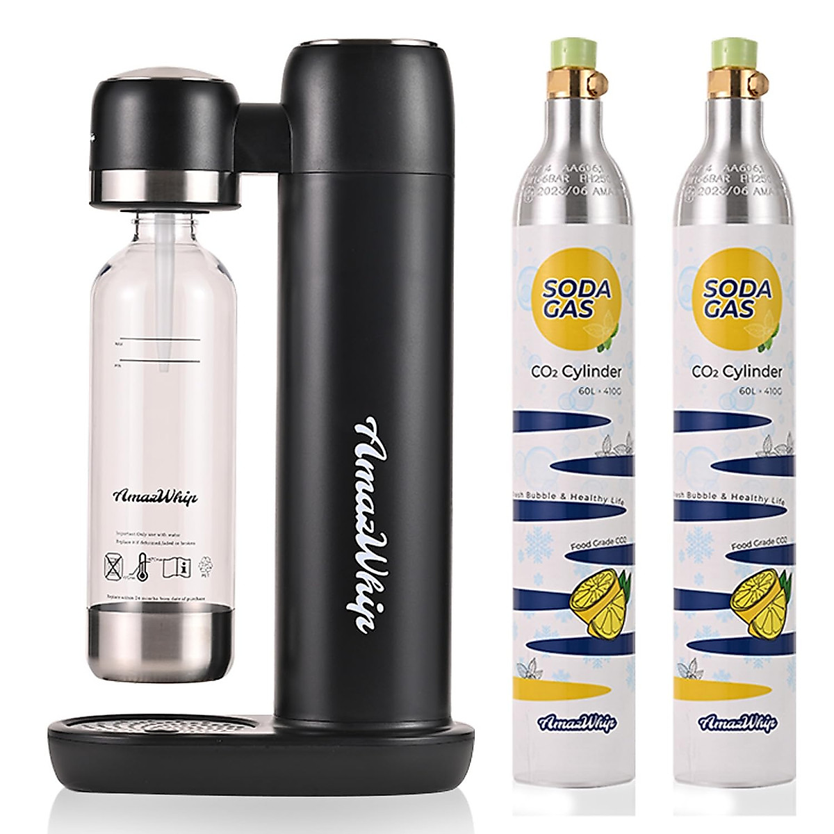 AmazWhip sparkling water maker, paired with CO2 gas canisters and 1L water bottles for Household soda water (Black+ 2 caniters)