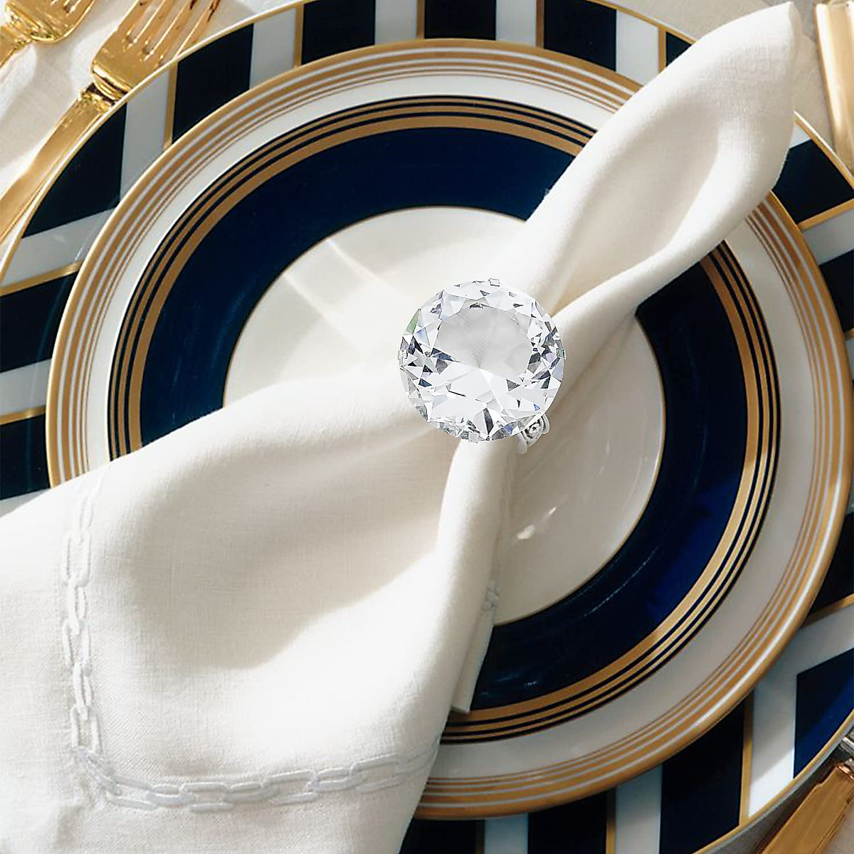 monochef Diamond Napkin Rings Set of 12 Silver Crystal Rhinestone Wedding Napkin Holder Holiday Dinner Decoration Bling Banquet Table Linen Accessory (Ring A Silver, 12)