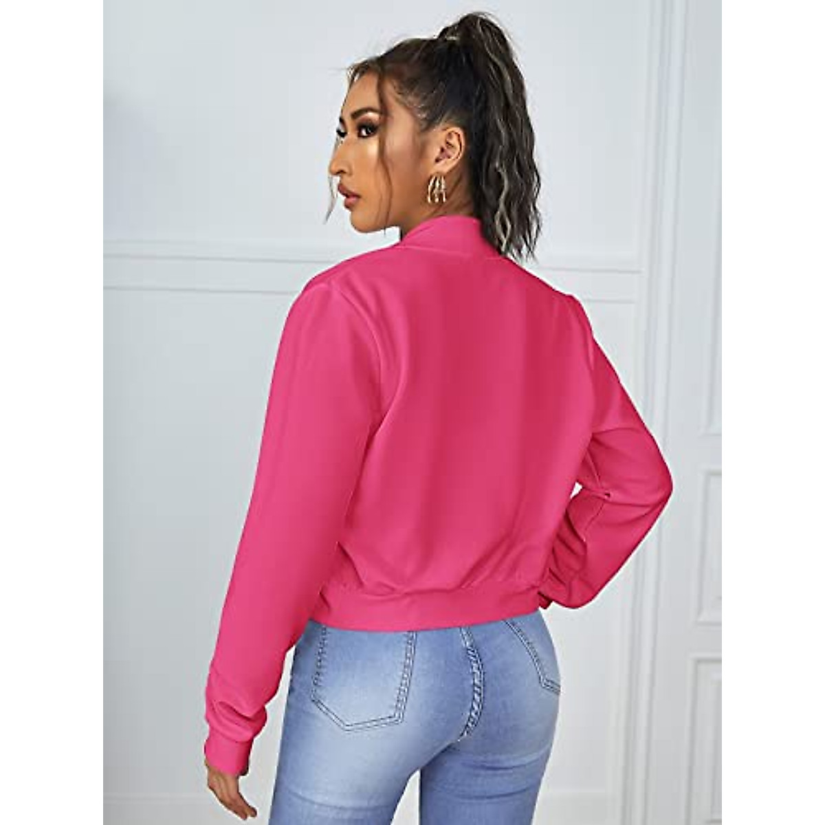 SweatyRocks Women's Casual Long Sleeve Solid Zip Up Coat Crop Bomber Jacket Solid Hot Pink M