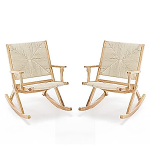 LUE BONA Indoor/Outdoor Handmade Relax Rocking Chair, 2 PcsComfy Rocker Chair Solid Wood Modern Accent Rocking Glider Chair with Rush Weave for Living Room, Bedroom, Balcony, Patio.