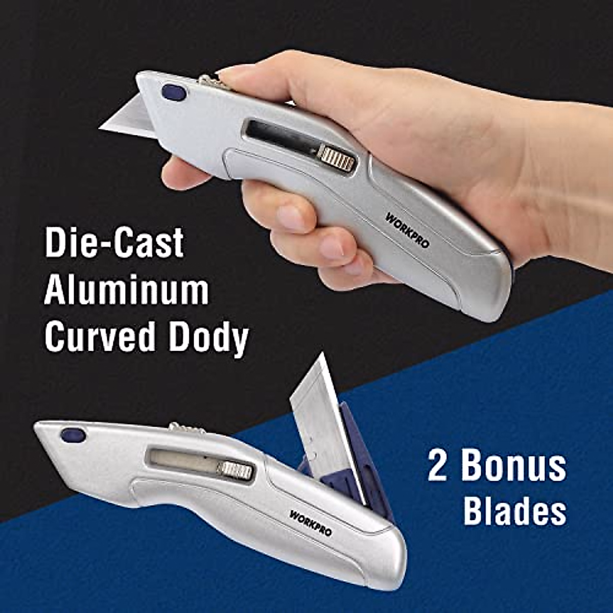 WORKPRO Retractable Utility Knife and Self-retracting Safety Box Cutter 2-in-1 with 2 Extra Blades Included