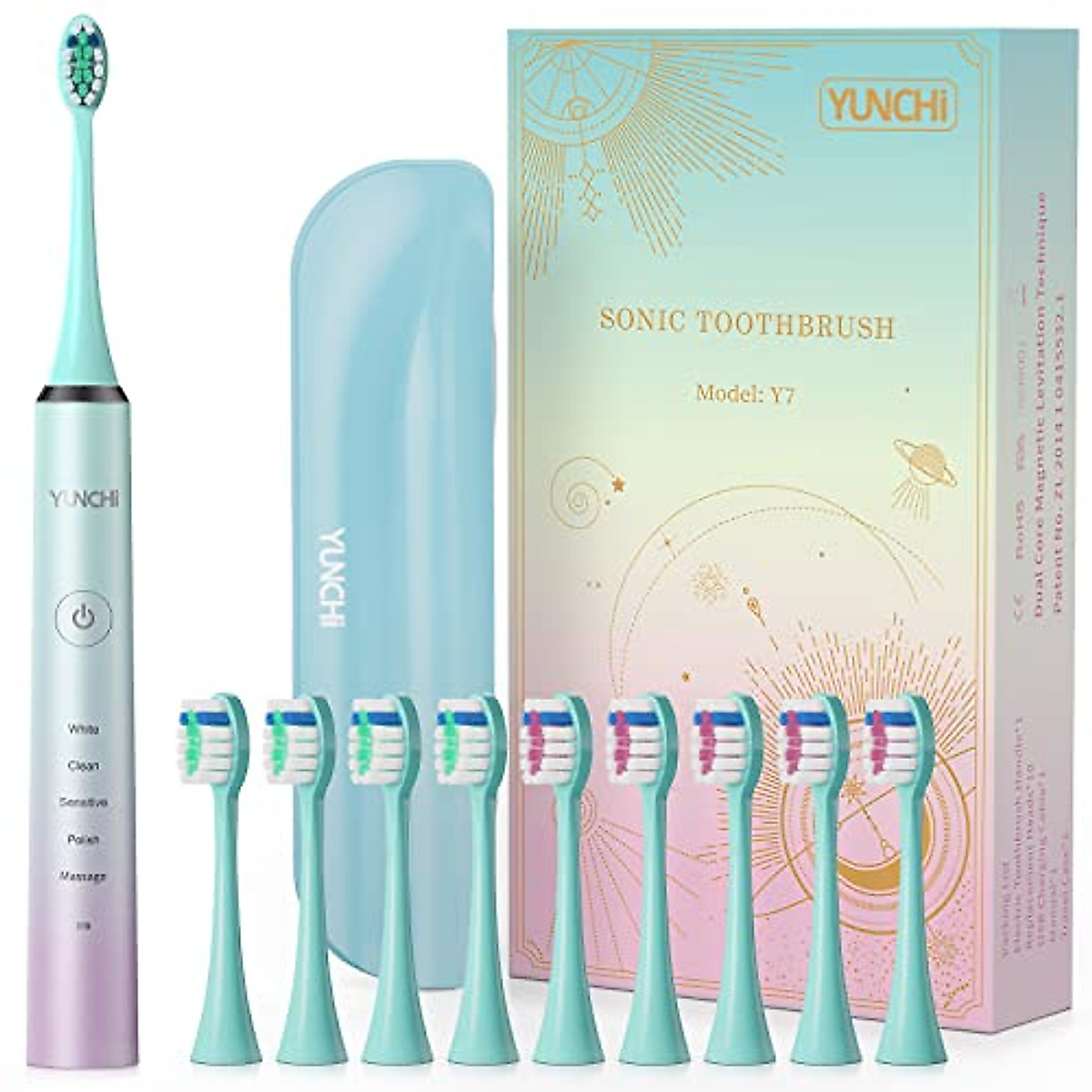 YUNCHI Sonic Electric Toothbrush for Adults & Kids, Y7 Rechargeable Toothbrushes, 10 Dupont Brush Heads, 5 Modes Fast Charge for 30 Days, 40,000 VPM Motor & 2 Mins Timer Tooth Brush, Green