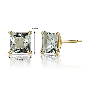 Peora 14K Yellow Gold Green Amethyst Stud Earrings for Women, Genuine Gemstone Solitaire Princess Cut, 6mm, 2 Carats total, Friction Back