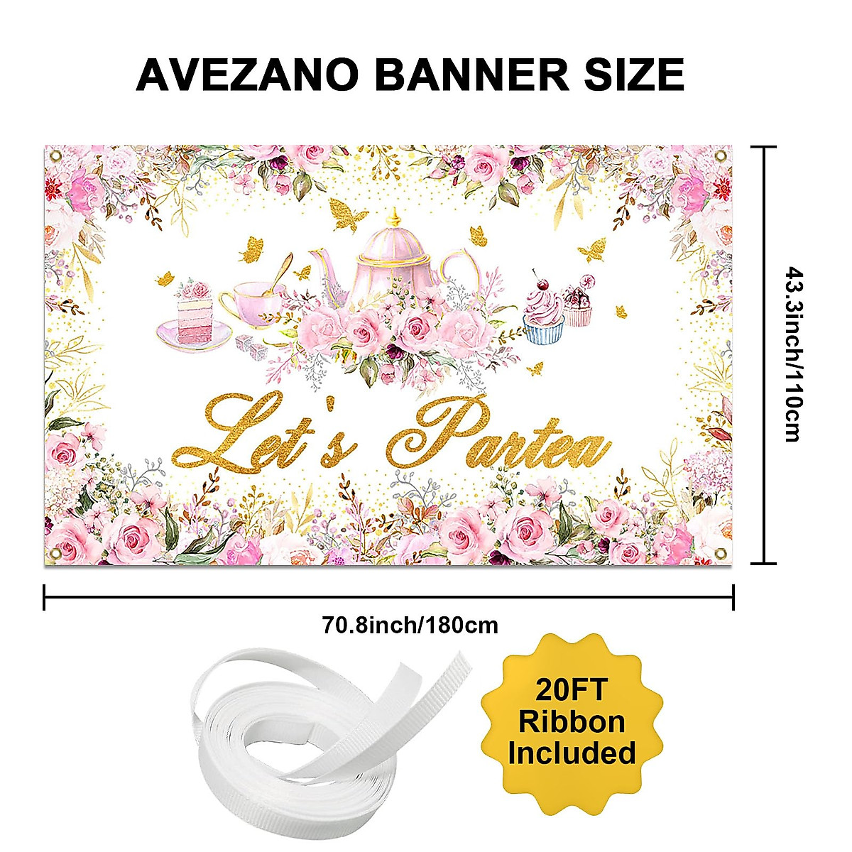 Avezano Tea Party Backdrop Floral Butterfly Glitter Let's Partea Banner Afternoon Tea Baby Shower Birthday Party Decorations 70.8 x 43.3 Inch (Pink)