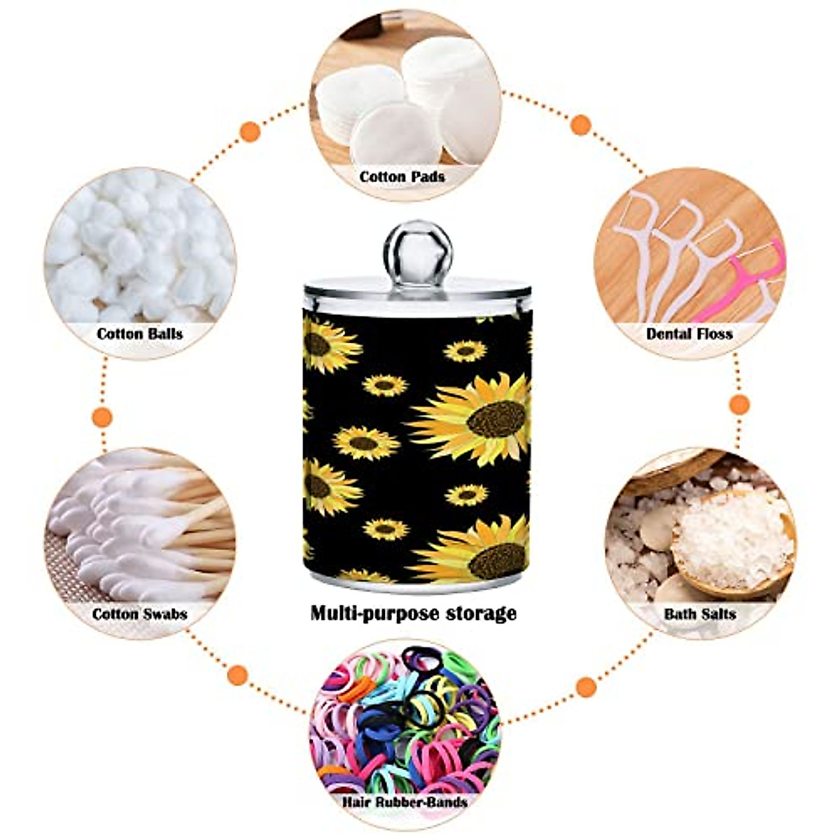 Kigai Black Sunflower Qtip Holder - 14OZ Clear Plastic Apothecary Jars Bathroom Canister Dispenser Organizer Vanity Storage Jar with Lid for Cotton Ball, Cotton Swab, Floss (2PACK)