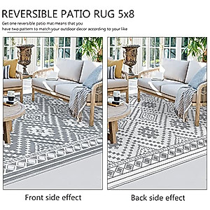 famibay 5x8 Outdoor Rug Waterproof Plastic Straw Rug Patio Rugs Outdoor Waterproof Reversible Patio Mat Lightweight Portable Aztec Outdoor Area Rug for Patio Deck Balcony Camping(Grey)