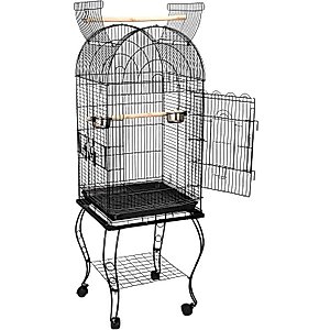 SUPER DEAL 63.5'' Rolling Bird Cage Large Wrought Iron Cage for Cockatiel Sun Conure Parakeet Finch Budgie Lovebird Canary Medium Pet House with Rolling Stand & Storage Shelf
