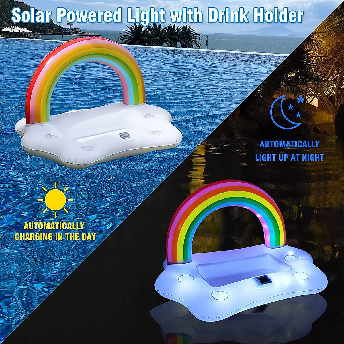 FirstE Inflatable Rainbow Cloud Drink Holder with Lights, Solar Powered Floating Beverage Salad Fruit Serving Bar Pool Float Lights Party Accessories, Floating Bar Cup Holder for Water Fun 2PC