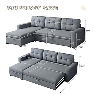 Acosure Pull Out Sofa Bed with Storage Chaise,L-Shape Sectional Corner Couch W/ 3 Back Cushions,Upholstered Convertible Sleeper for Apartment Dorm Living Room,Light Grey