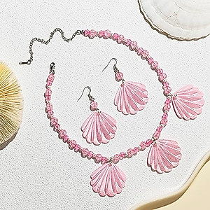Qiuseadu Pink Seashell Necklace Earrings Set Girls Costume Dress Up Accessories Jewelry for Girls Women