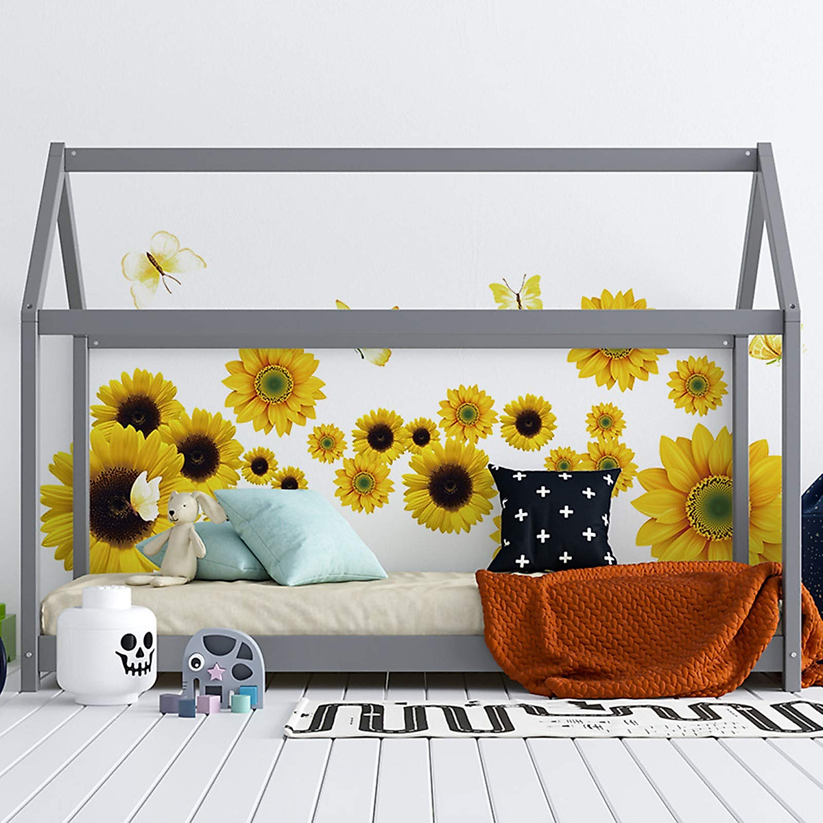Sunflower Wall Stickers with 3D Butterfly Wall Sticker, Gold 3D Butterfly Metallic Wall Stickers, Removable Yellow Flower Wall Decals Waterproof Sunflower Decor Mural, for Nursery Baby Kids Bedroom