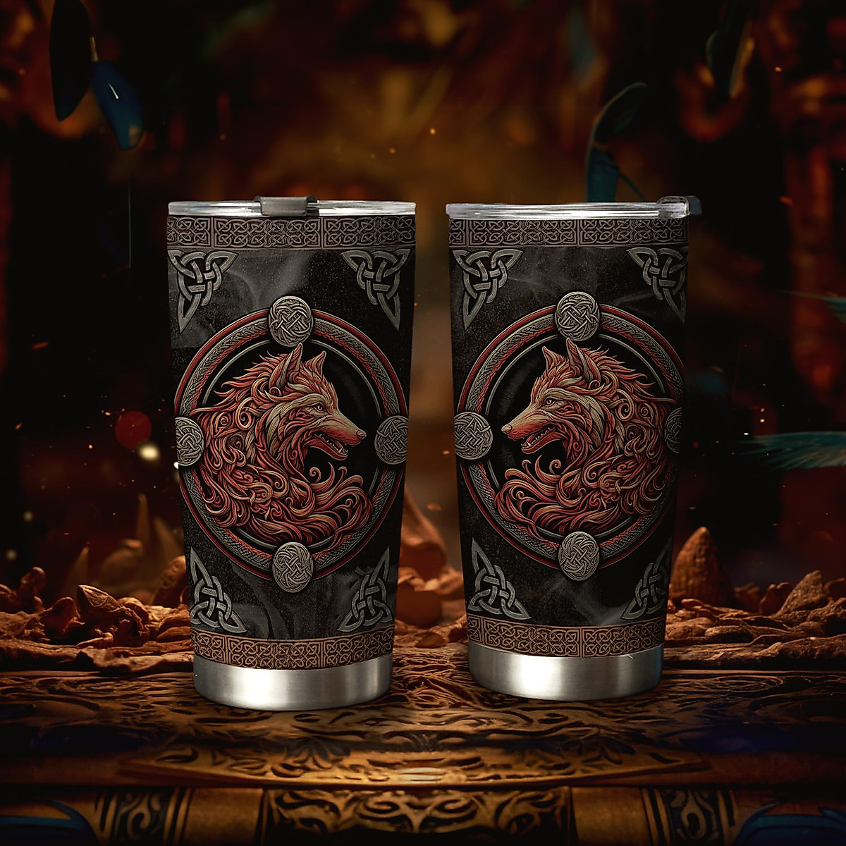 20oz Viking Celtic Fire Wolf Tumbler, Norse Mythology, Viking Gifts for Men, Coffee Thermos for Men, Stainless Steel Double Wall Vacuum Insulated Coffee Mug, Travel Cup with Lid