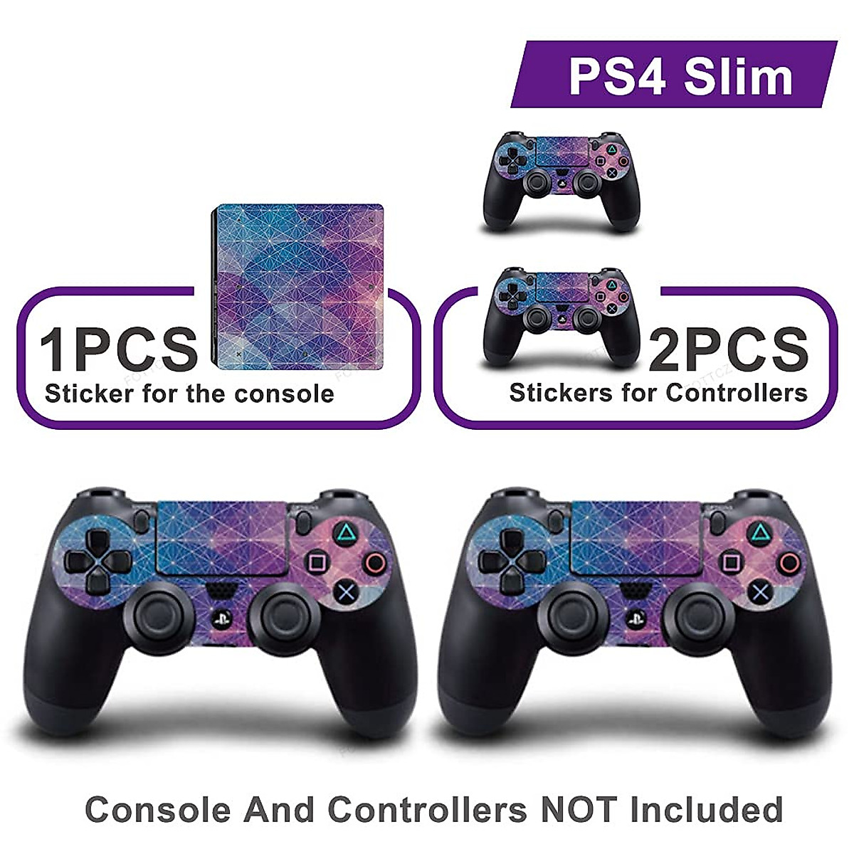 FOTTCZ Whole Body Vinyl Skin Sticker Decal Cover for PS4 Slim Console and 2PCS Controller Blue and Purple Geometric Grid and Circular