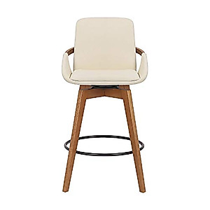 Armen Living Baylor Swivel Wood Bar or Counter Height Stool in Faux Leather, Cream/Walnut, 26" Counter Height