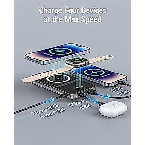 LATIMERIA Magnetic Wireless Power Bank, 10000mAh Portable Charger, 2 in 1 Mag-Safe Battery Pack with Kickstand, Only Compatible with iPhone 15/14/13/12 Series, Apple Watch Ultra/8/7/6/SE/5/4/3/2/1