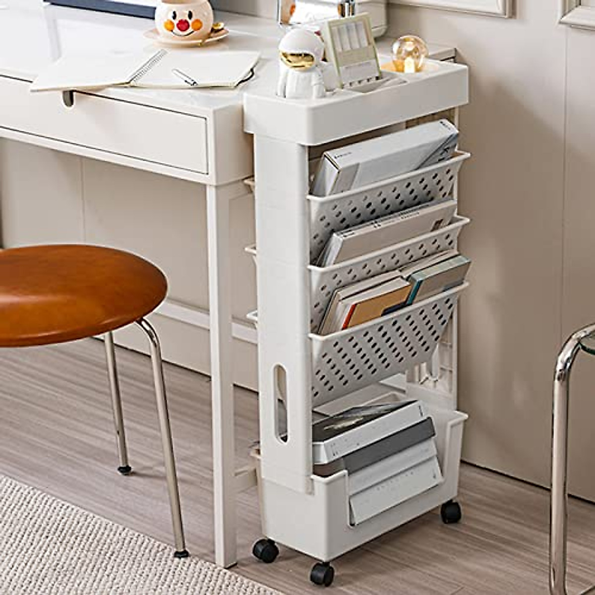Movable Bookshelf, Rolling Utility Cart Multifunctional Storage Trolley, Multilayer Capacity Bookshelves Organizer, Rotatable Removable Plastic Rolling Organization Shelf