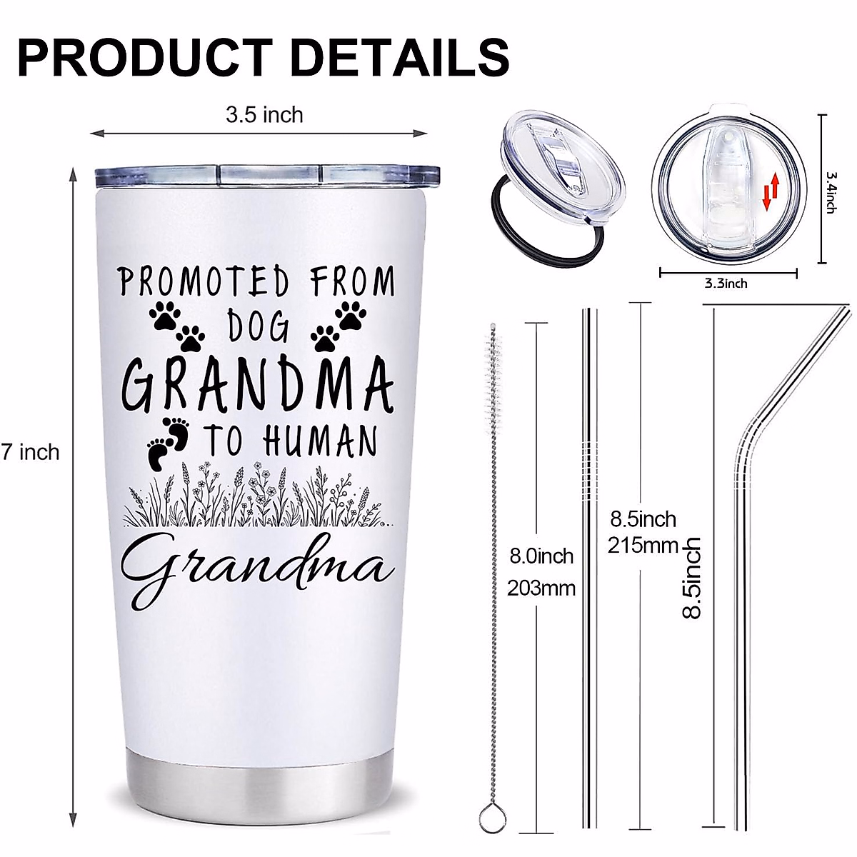 MTSDECO Promoted from Dog Grandma to Human Grandma Tumblers & Water Glasses 20 oz Insulated Stainless Steel Travel Coffee Mug Tumbler for Hot & Cold Beverages Birthday Christmas Gifts