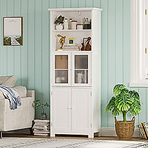 ADORNEVE 64" Bathroom Storage Cabinet, Linen Cabinet with 2 Doors, Tall Storage Cabinet with 2 Open Compartments & Adjustable Shelves for Bathroom, Living Room, Office, White