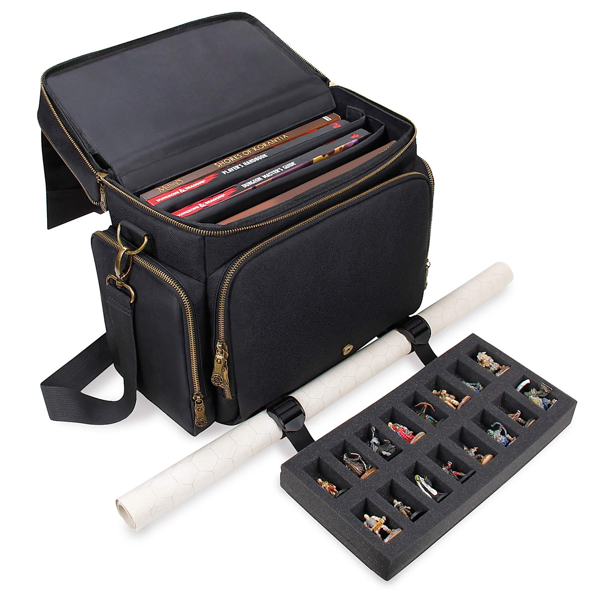 ENHANCE RPG Dungeons and Dragons Table Games Travel Bag with Miniatures, Padded Carry Bag with Multiple Compartments with Book Compartment (4-8) and Dice and Token Pocket