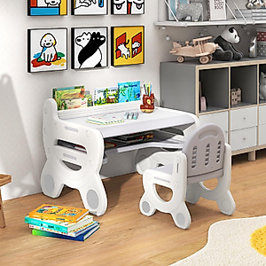 HONEY JOY Kids Table and Chair Set, Plastic Children Activity Table and Chair w/Graffiti Desktop, Storage, Markers & Eraser, Toddler Table and Chair Set for Daycare Playroom Classroom (Gray)