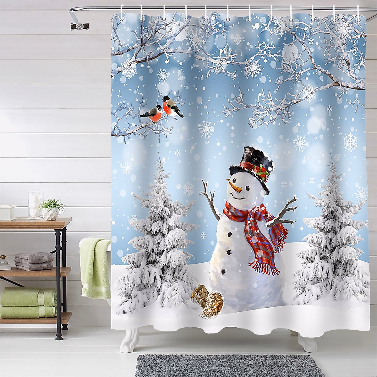 BEMIGO Christmas Tree Snowman Shower Curtains for Bathroom, Xmas Tree Farmhouse Fabric Waterproof Shower Curtain Set with Hooks, Christmas Vacation Decorations Bathroom Accessories 72x72inch