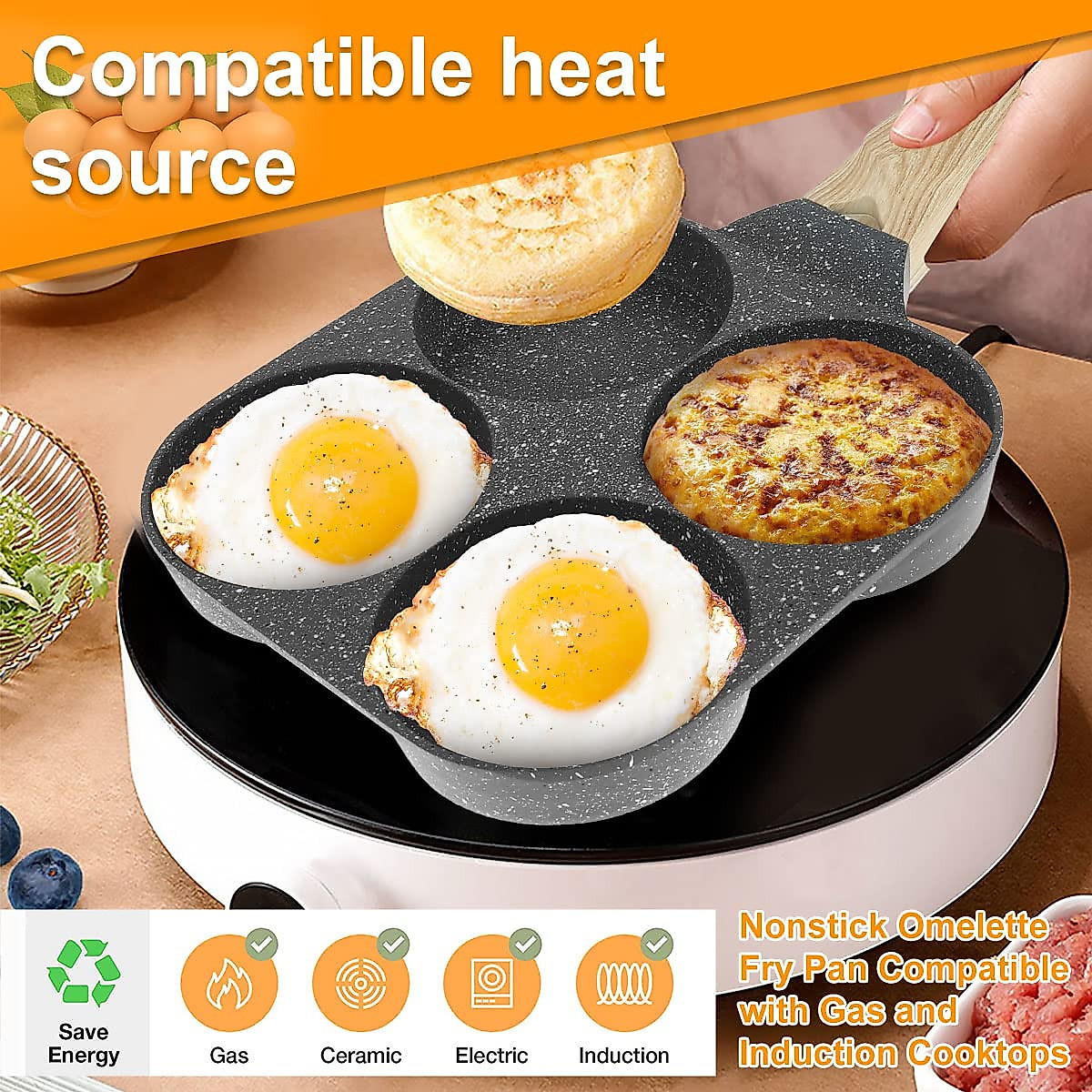 US Egg Frying Pan Aluminum 4 Cups Egg Frying Pan Nonstick Mini Egg Cooker Omelet Pan Heavy-Duty Egg Skillet with Wooden Handle Breakfast Egg Pan for Home Kitchen Cooking(black)