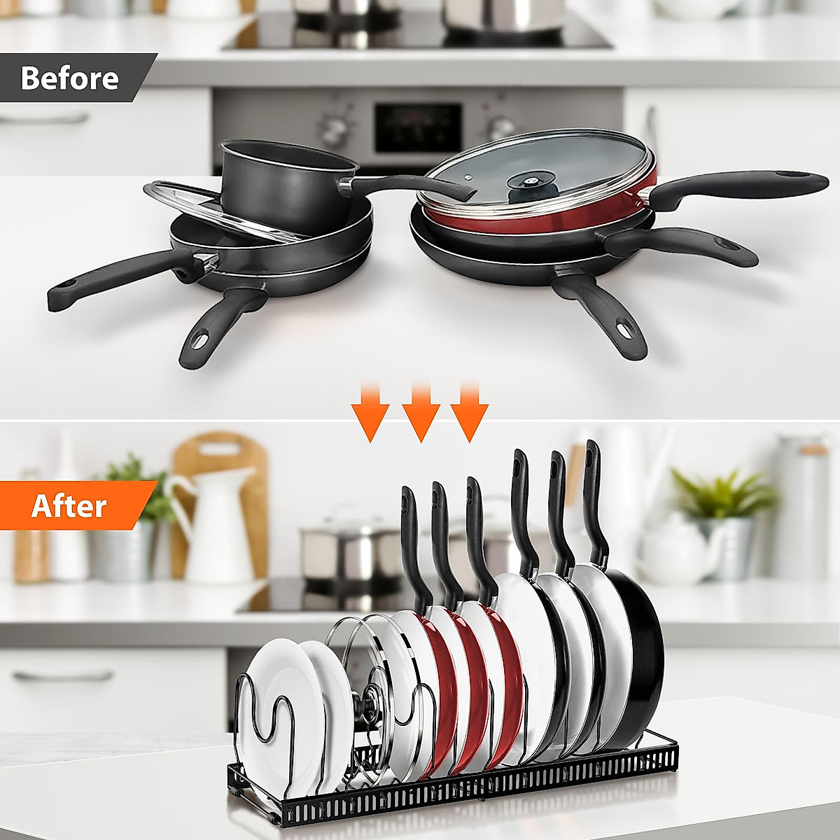 AHNR Expandable Pot and Pan Organizers Rack, 10+ Pans and Pots Lid Organizer Rack Holder, Kitchen Cabinet Pantry Bakeware Organizer Rack Holder with 10 Adjustable Compartments (Black)