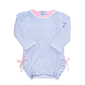 RuffleButts® Baby/Toddler Girls Long Sleeve One Piece Swimsuit - Blue Seersucker with UPF 50+ Sun Protection - 12-18m