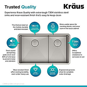 KRAUS Standart PRO™ 32-inch 16 Gauge Undermount 60/40 Double Bowl Stainless Steel Kitchen Combo with WasteGuard™ Continuous Feed Garbage Disposal, KHU103-32-100-75MB