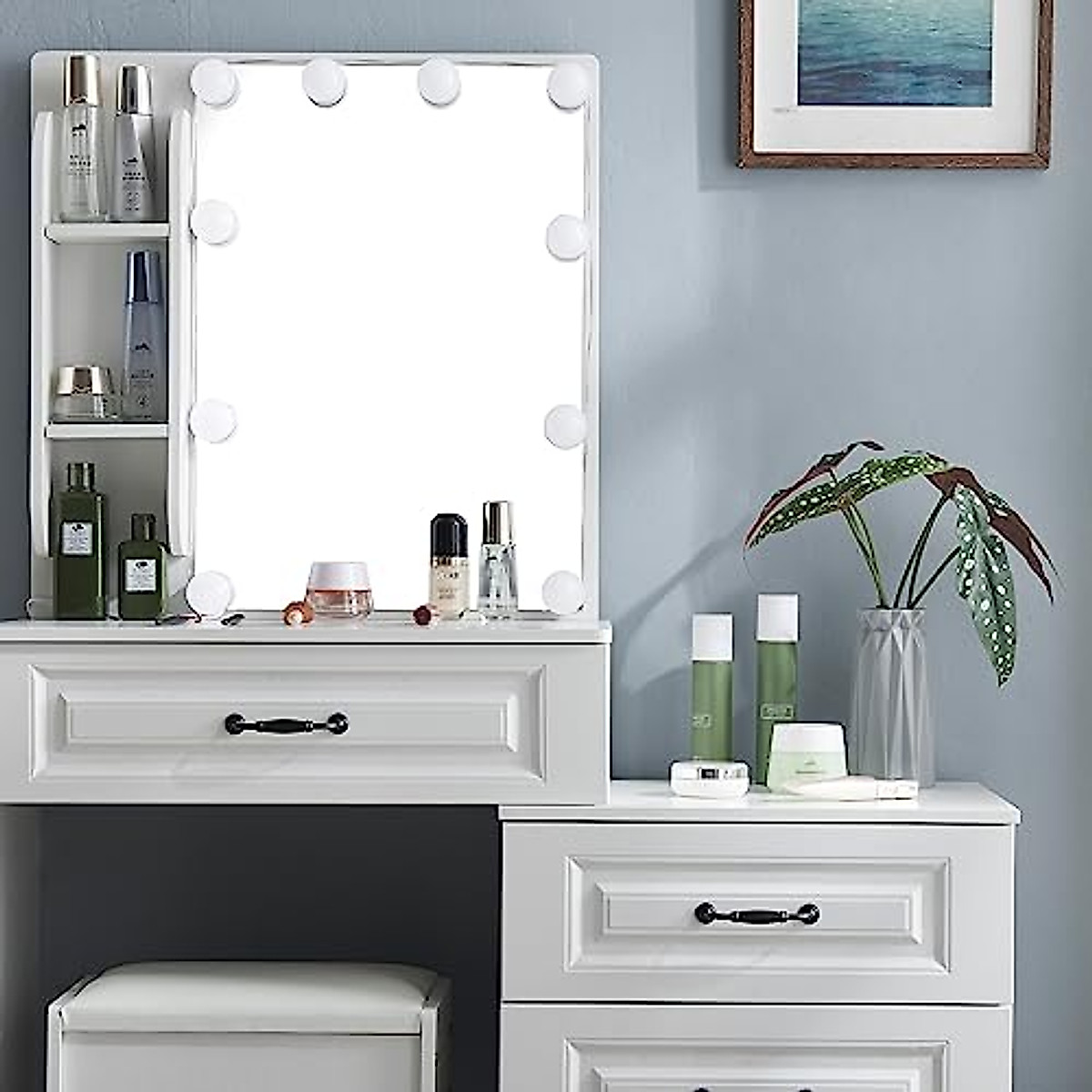 Vanity Set Dressing Table with Makeup Mirror & 10 Light Bulbs, White Vanity Table with Drawers & Cushioned Stool for Bedroom Modern (H1951)