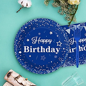 Tevxj Birthday Party Tableware Set, 96PCS Navy Blue and Silver, Disposable Plates, Napkins, Forks for 24 Guests, Place Setting for Men and Boys