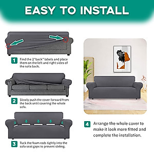 CWK Stretch Couch Covers for 3 Cushion Couch Sofa Spandex Non-Slip Soft Couch Sofa Cover Slipcovers,Furniture Protector with Non Skid Foam and Elastic Bottom for Kids,Dogs(Large,Dark Grey)