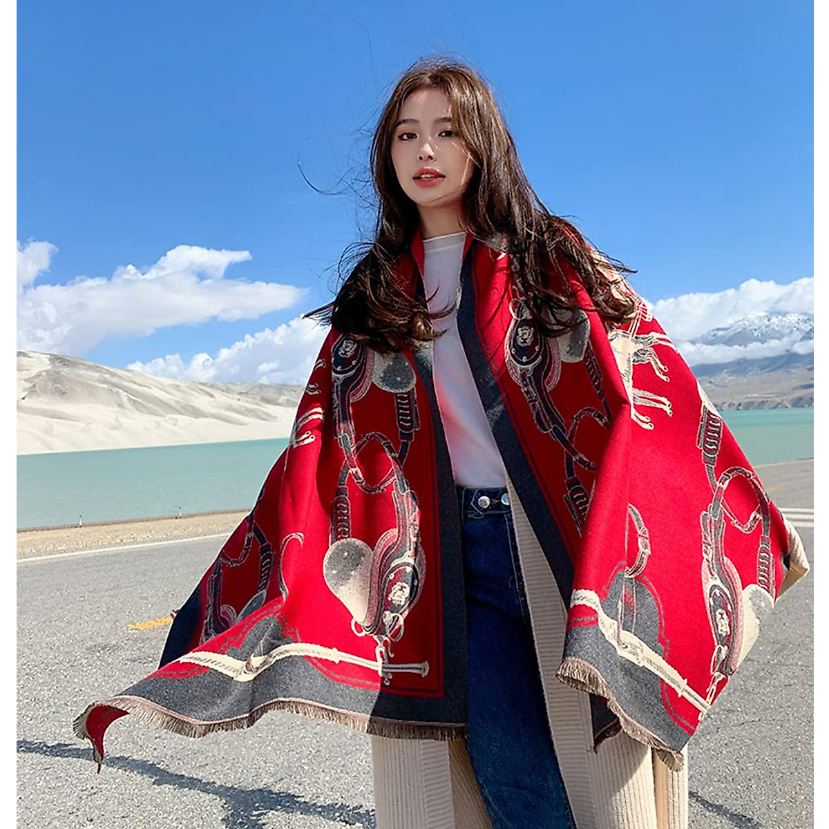 Women's Blanket Chunky,Pashmina Shawls Wraps Oversized Winter & Fall Warm Scarfs Soft Cashmere Feel for Girls and Women (Red-Carriage)