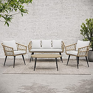 Quality Outdoor Living 29-YZ04HM Hermosa 4PC Conversation Set, Tan Wicker w/Black Aluminum and Off-White Cushions