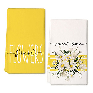 GEEORY Spring Kitchen Towels for Spring Decor White Flower Dish Towels 18x26 Inch Ultra Absorbent Bar Drying Cloth Sweet Time Sign Hand Towel for Kitchen Bathroom Party Home Decorations Set of 2