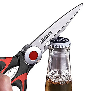 KITORY Kitchen Shears Multi-Purpose Kitchen Scissors Ultra Sharp Heavy Duty Sissors with Sheath for Poultry/Chicken/Fish/Meat/Veggies/Office/BBQ Nut cracker Bottle Opener - Red&Black