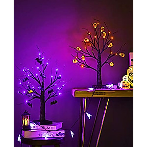 ZHOUDUIDUI Halloween Tree, Black Spooky Tree with 24LED Purple Lights and 10 Bat Ornaments Battery Powered 18IN Lighted Halloween Bonsai Tree for Indoor Tabletop Halloween Party Decoration