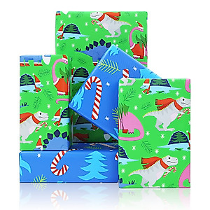 Dinosaur Wearing Santa Hats Christmas Double Side Reversible Wrapping Paper 4 Sheets Folded Flat 20x30 inches per sheet, Dinosaur T-rex Gift Wrap For Kids Girls Boys Men Women Unique Xmas Decorative Paper and Birthday Holiday