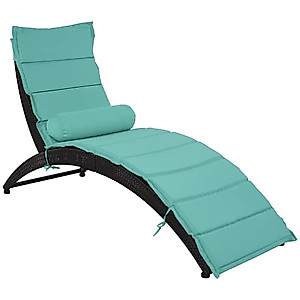 FUZOFUIZ Patio Wicker Sun Lounger, PE Rattan Foldable Chaise Lounger with Removable Cushion and Bolster Pillow, Black Wicker and Turquoise Cushion (Blue)