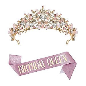 SWEETV Birthday Crowns for Women Pink Birthday Queen Sash and Tiara Set Rhinestone Princess Headband for Birth Day Party Photograph