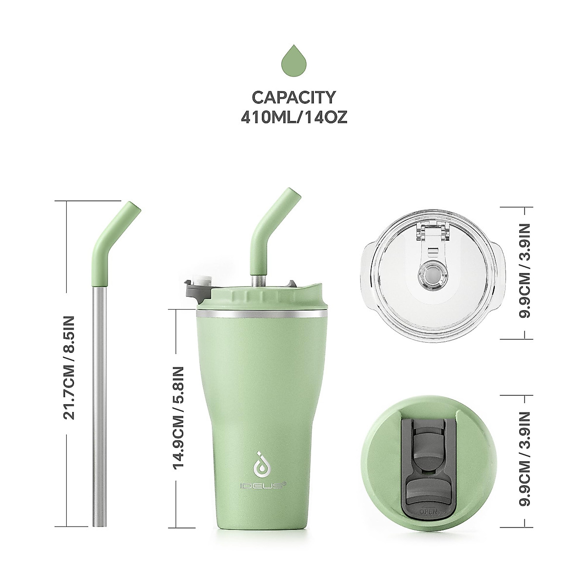 Ideus 14oz Stainless Steel Leak Proof Tumbler, Insulated Coffee Mug with Lid and Straw, Spill Proof Travel Coffee Cup, Double Wall Vacuum Flask for Adult Men and Women, Avocado Green