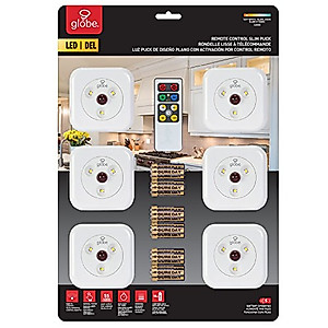 LED Under Cabinet Slim Puck Light 6-Pack, Universal Remote Control Included, Dimmable, Push Button On/Off Switch, White Finish, 18 Batteries Included, 3000K Soft White,26044