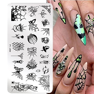 6Pcs Halloween Nail Stamping Plates Fall Maple Leaf Nail Stamper Template Kit Ghost Bat Skull Spider Web Design Nail Decorations Supplies with 1 Stamper 1 Scraper