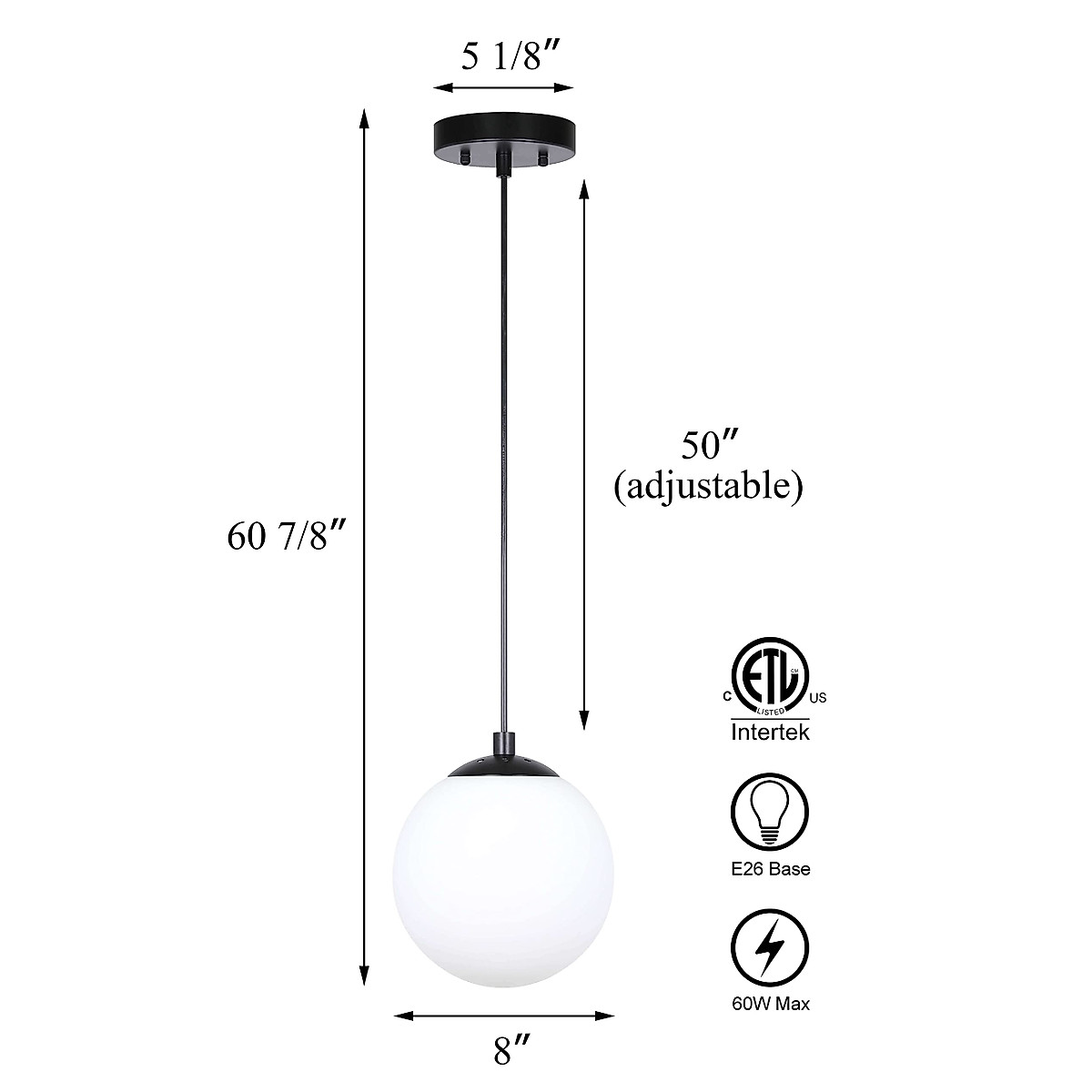 XiNBEi Lighting Pendant Lighting 1 Light Globe Pendant Light, Modern Adjustable Kitchen Hanging Ceiling Light Matte Black Finish XB-P1211-MBK