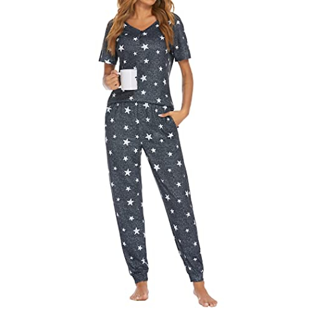 Ekouaer Womens Pajama Sets Short Sleeve Sleepwear Long Pants Soft Sleep Lounge joggers Pj Sets with Pockets