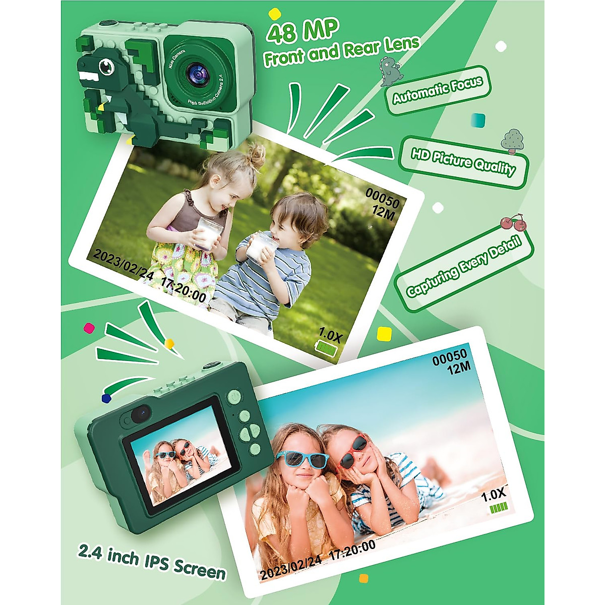 Kids Dinosaur Digital Camera Toys: Kizeefun 3-12 Year Old Boys Girls Christmas Birthday Gifts, Mini HD Selfie Video Baby Camera for 3 4 5 6 7 8 9 Toddler Children with 32GB Card