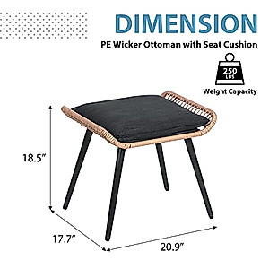 JOIVI Outdoor Wicker Ottoman Set of 2, Patio Rattan Ottomans with Seat Cushions, 2 Pieces Footstool Footrest Seat for Outside Garden, Balcony, Living Room