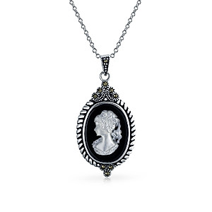 Vintage Estate Style Black Mother of Pearl Shell White Carved Victorian Lady Portrait Cameo Pendant Necklace For Women Marcasite Frame Oxidized .925 Sterling Silver