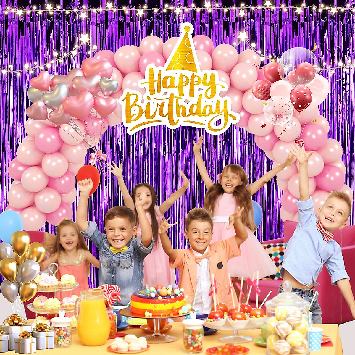 2 Pack 3.2 ft x 9.8 ft Purple Tinsel Curtain Party Backdrop Decorations, Metallic Foil Fringe Backdrop Door for Halloween, Christmas, Birthday Graduat